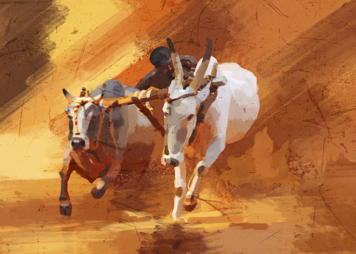 'Bull at work 3' Poster, picture, metal print, paint by Biren P | Displate