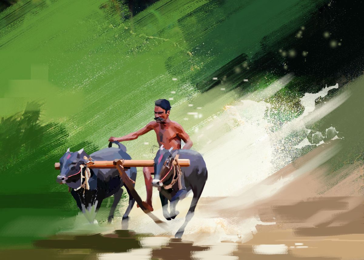 'Bull at work' Poster, picture, metal print, paint by Biren P | Displate