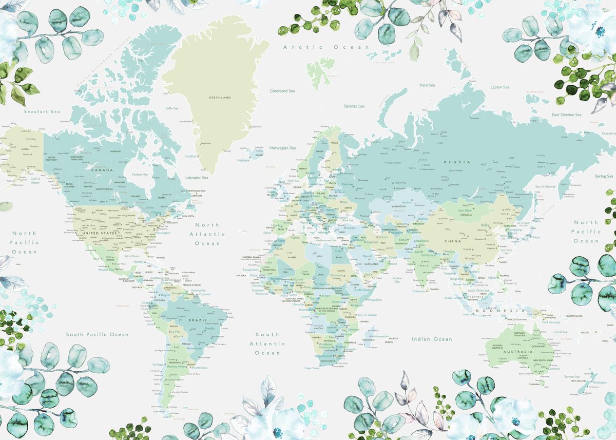 'Greenery world map' Poster, picture, metal print, paint by blursbyai ...