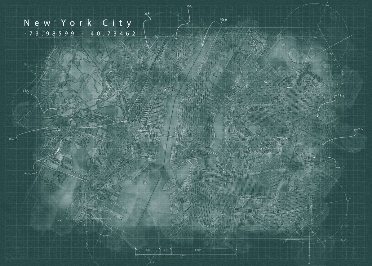 'New York blueprint map' Poster, picture, metal print, paint by Leviosa ...