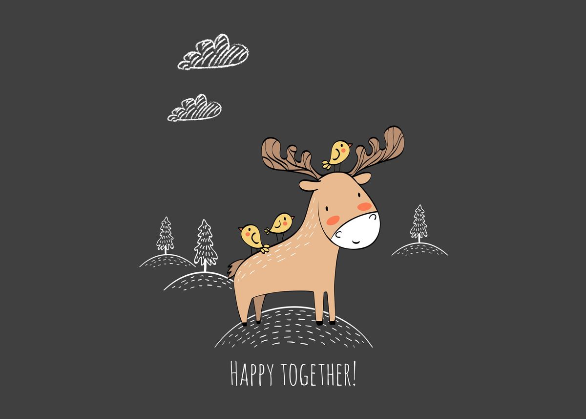 'Cute Cartoon Happy Deer' Poster, picture, metal print, paint by Ari ...