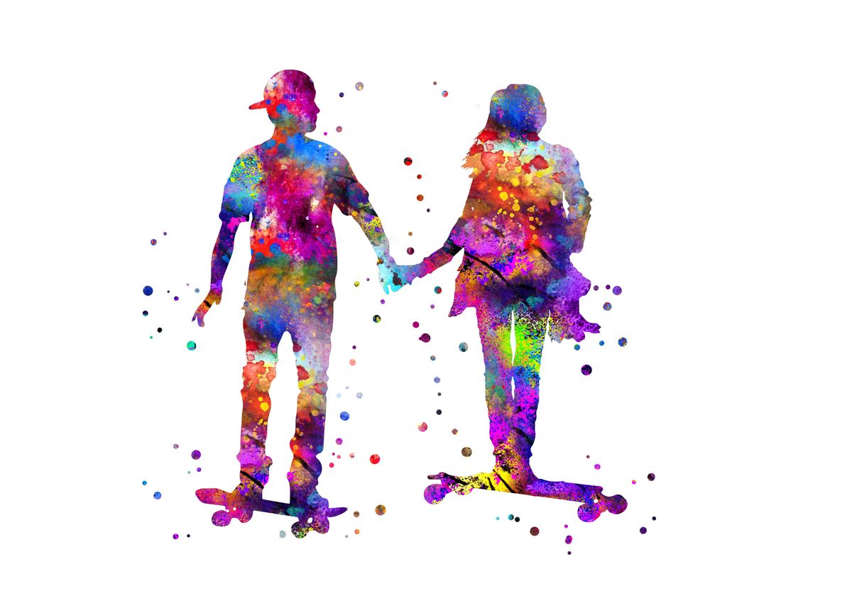 'Skateboarding teen couple' Poster by RosaliasArt | Displate