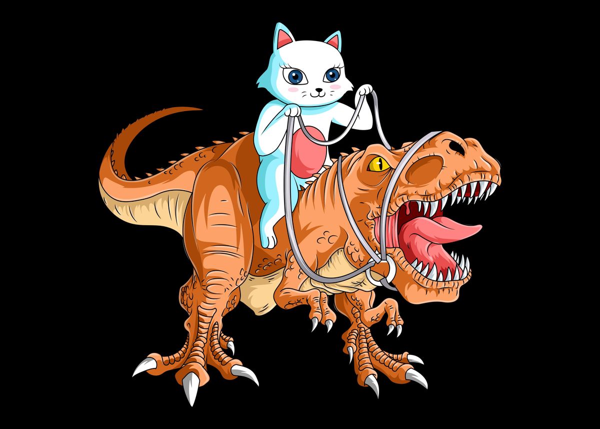 'Cat Riding A TRex' Poster, picture, metal print, paint by ...