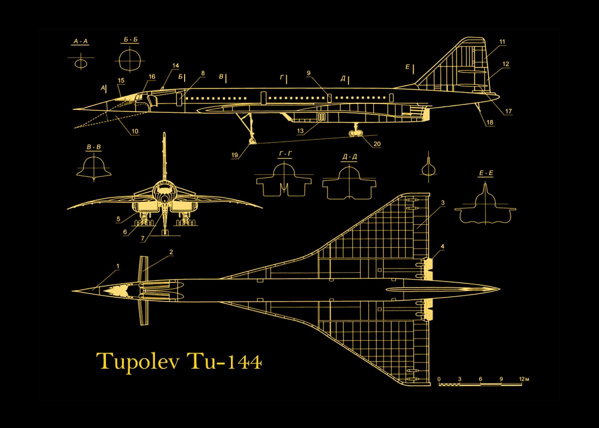 'Tupolev Tu144 Blueprint ' Poster by B & W Arts | Displate