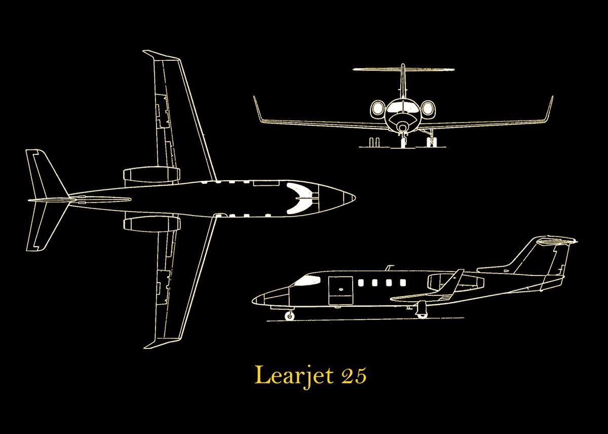 'Learjet 25 Blueprint gold' Poster, picture, metal print, paint by B ...