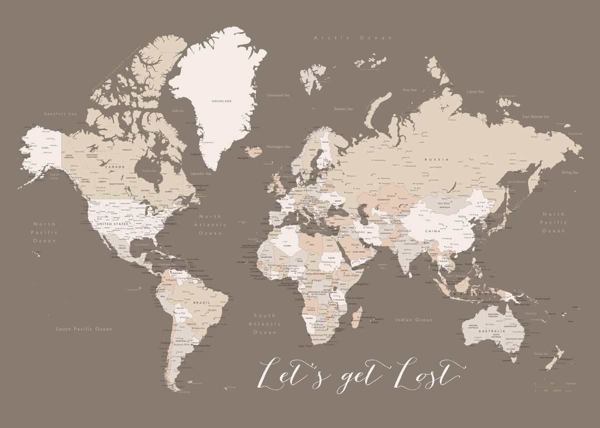 'Lost world map in brown' Poster, picture, metal print, paint by ...