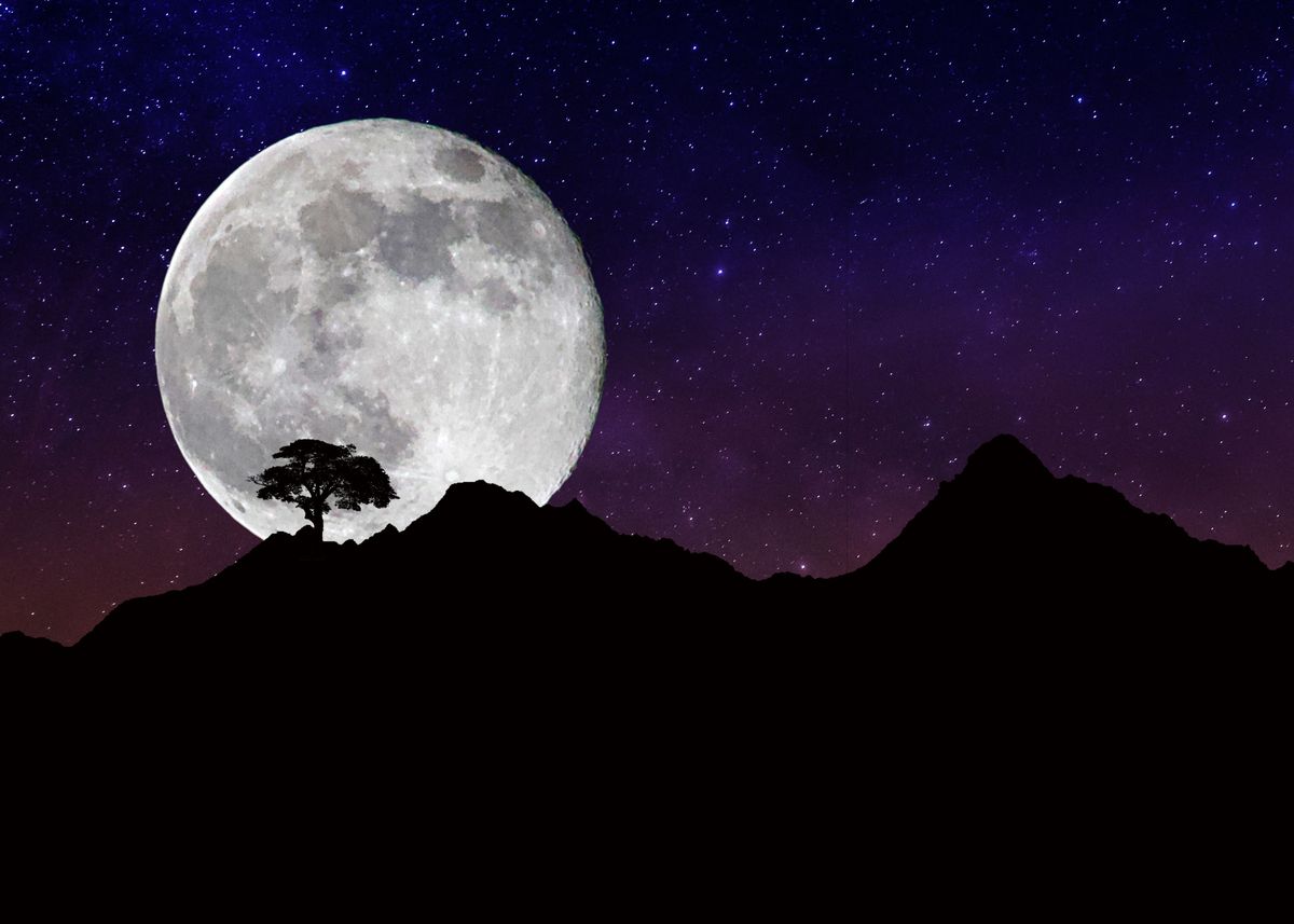 'the moon behind the mounta' Poster, picture, metal print, paint by ...