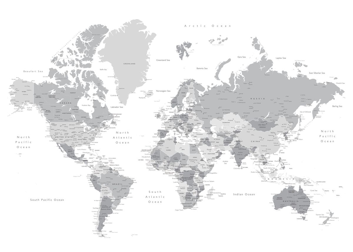 'Grayscale world map' Poster, picture, metal print, paint by blursbyai ...