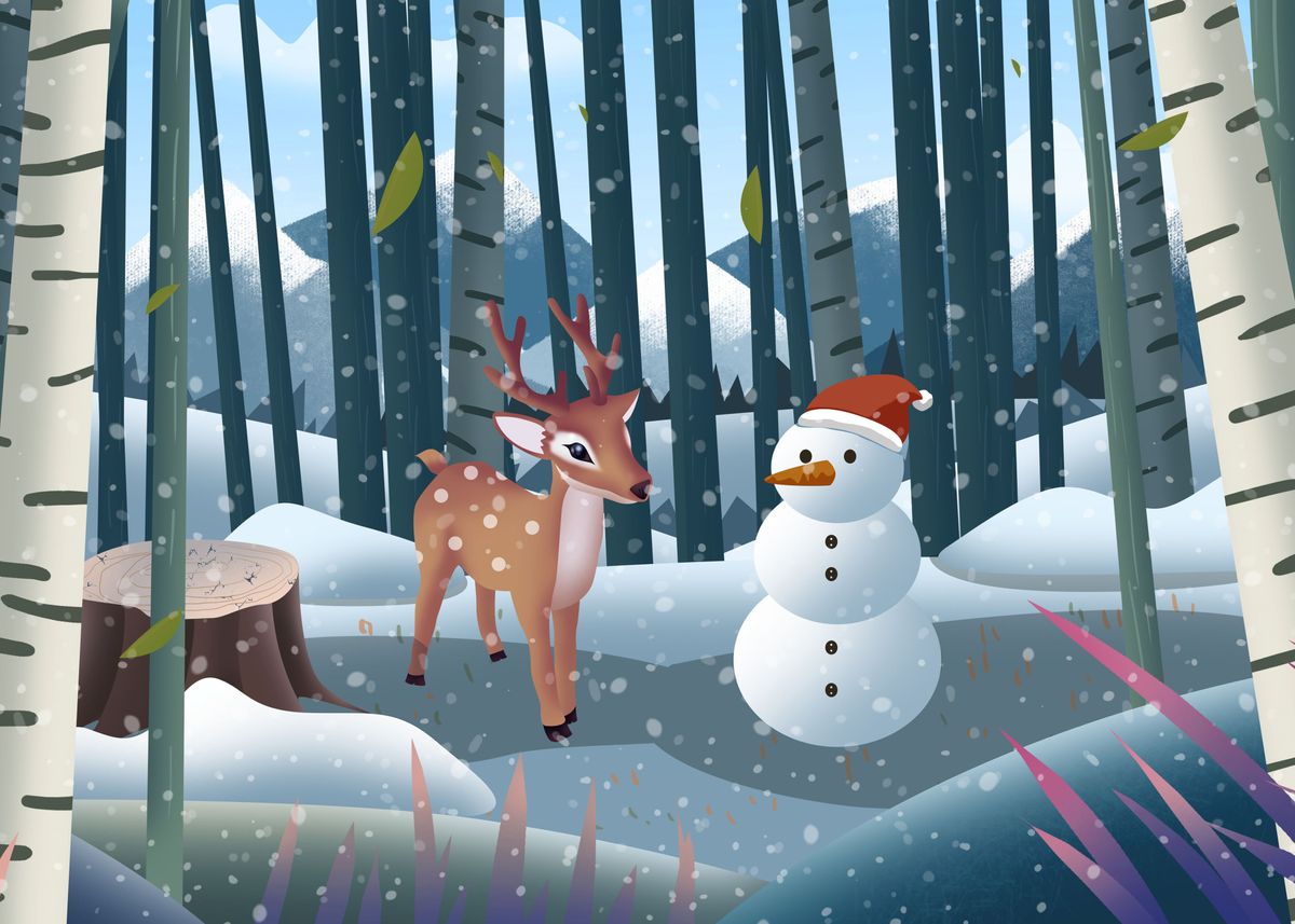 'Deer Snowman forest winter' Poster by Max Ronn | Displate