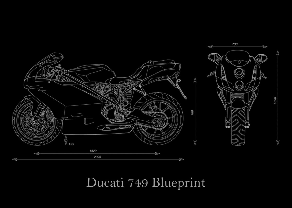 'Ducati 749 Blueprint ' Poster by B & W Arts | Displate