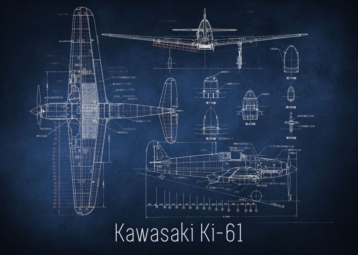 'Kawasaki Ki 61 Blueprint' Poster, picture, metal print, paint by The ...