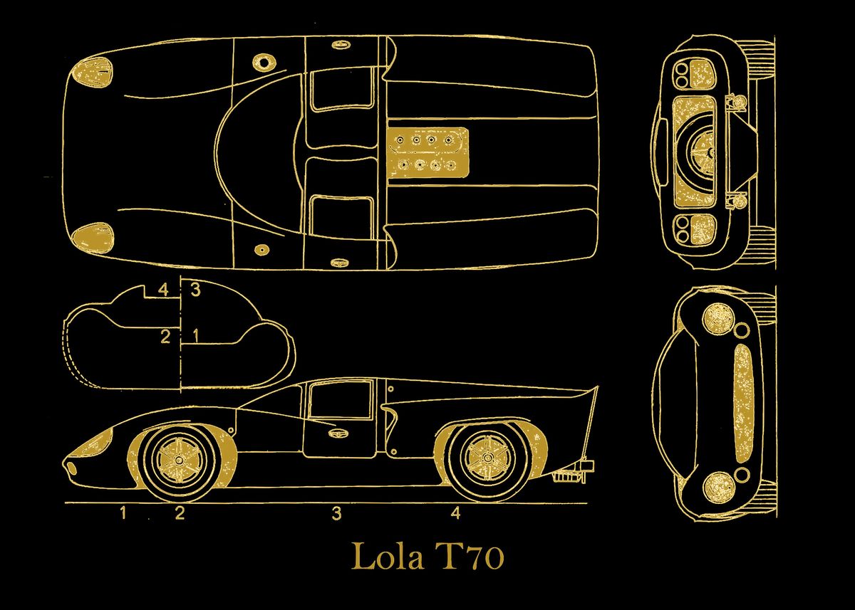 'Lola T70 Blueprint gold ' Poster, picture, metal print, paint by B & W ...
