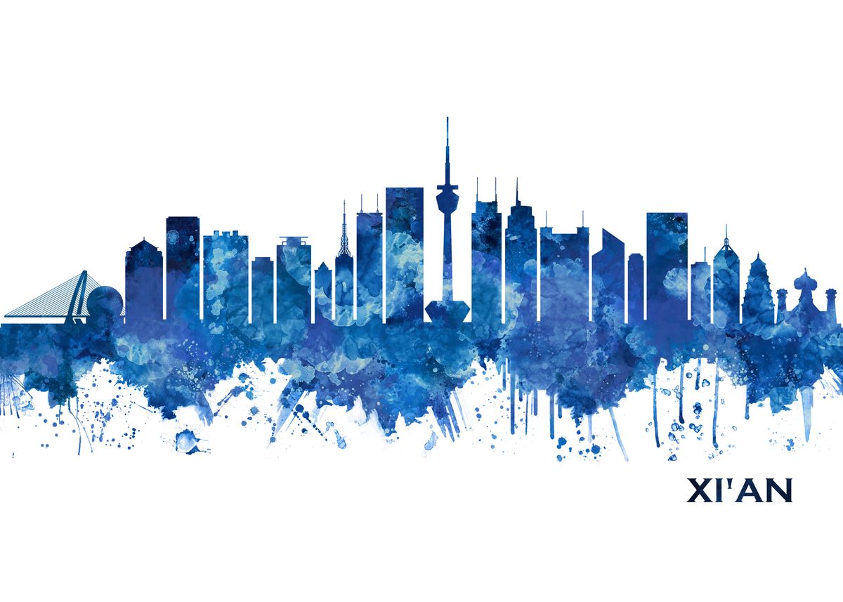 'Xian China Skyline Blue' Poster, picture, metal print, paint by ...