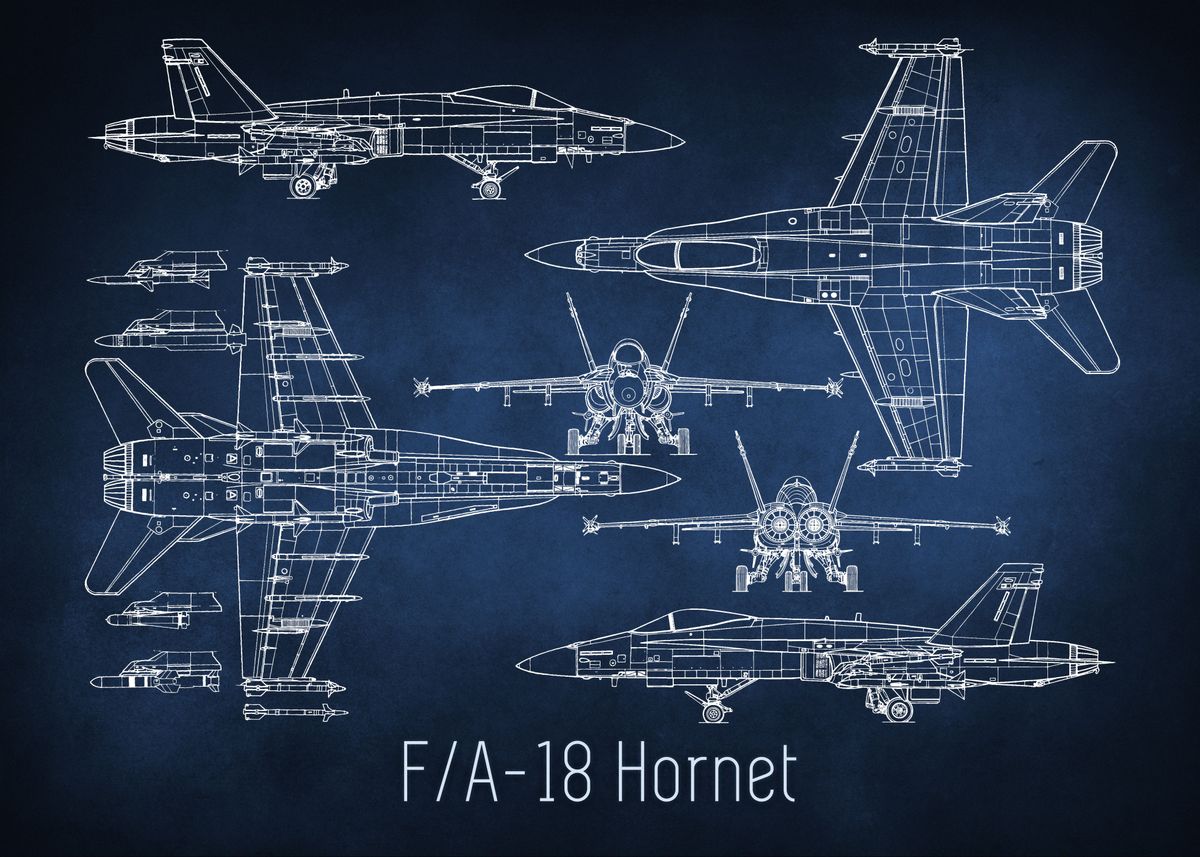 'F18 Hornet Blueprint' Poster, picture, metal print, paint by The ...