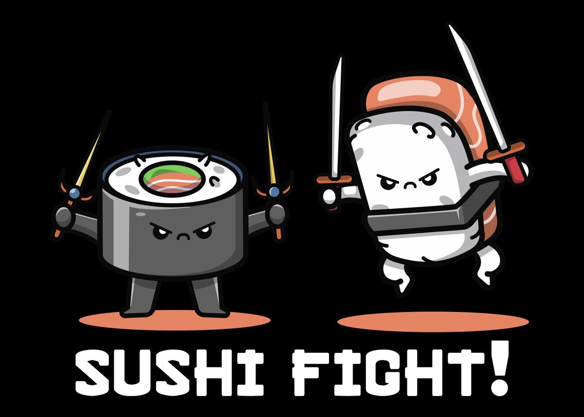 'Sushi Fight' Poster, picture, metal print, paint by John DonJoe | Displate