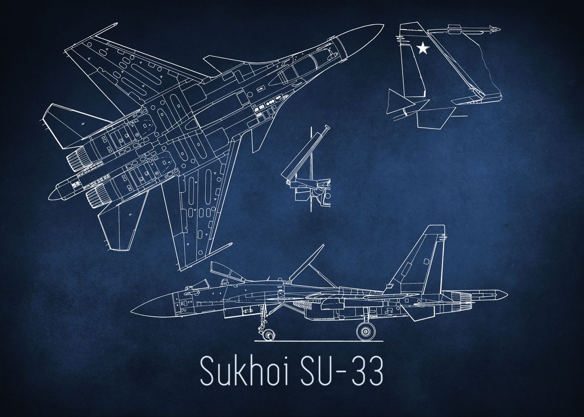 'Sukhoi SU33 Blueprint' Poster, picture, metal print, paint by The ...