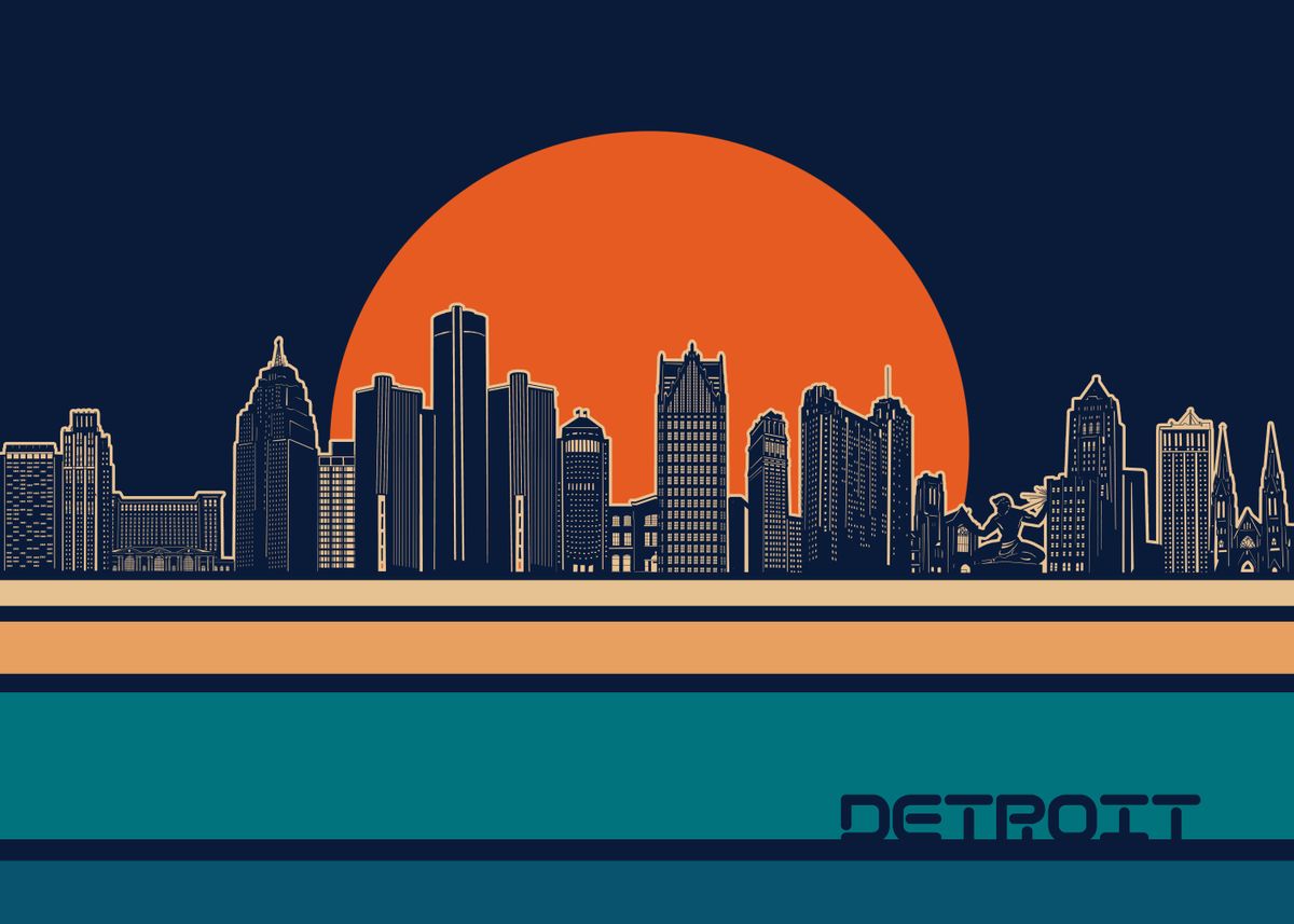 'detroit skyline retro 5' Poster, picture, metal print, paint by Bekim ...