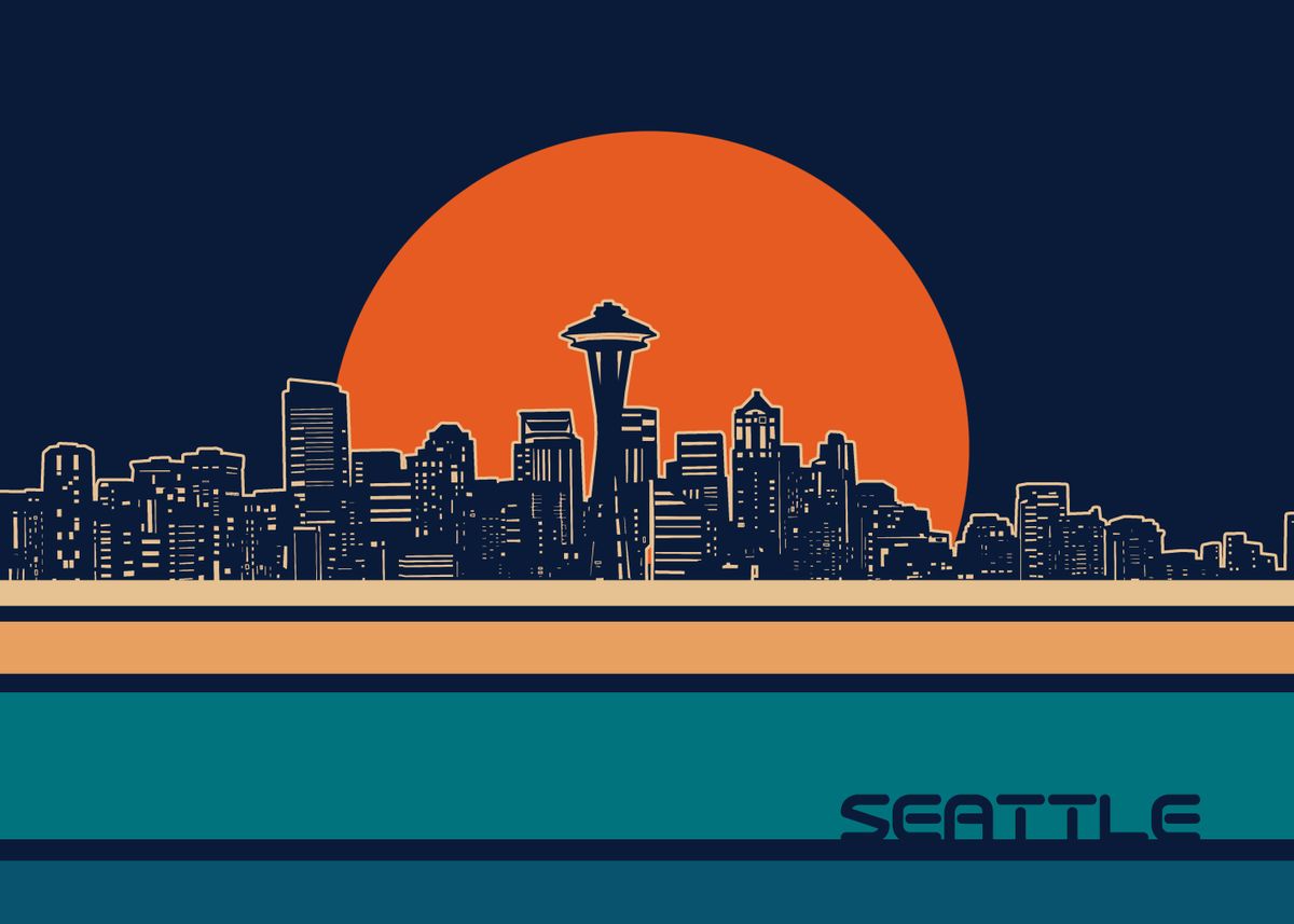 'seattle skyline retro 5' Poster, picture, metal print, paint by Bekim ...