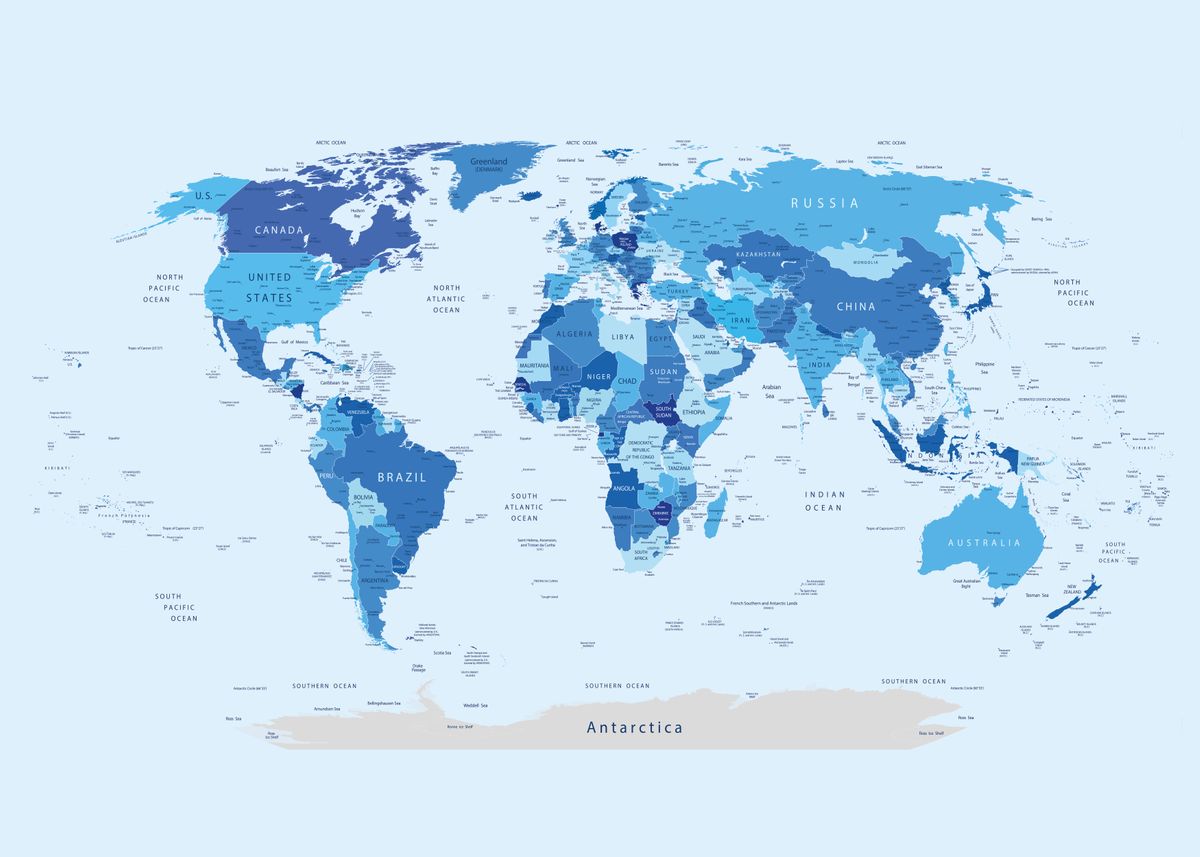 'Blue world map' Poster, picture, metal print, paint by Sam Kal | Displate