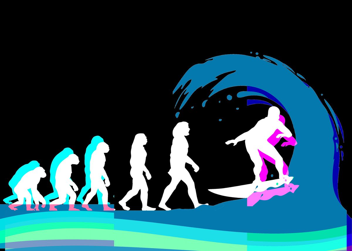 'Surfing Evolution Glitch' Poster, picture, metal print, paint by ...