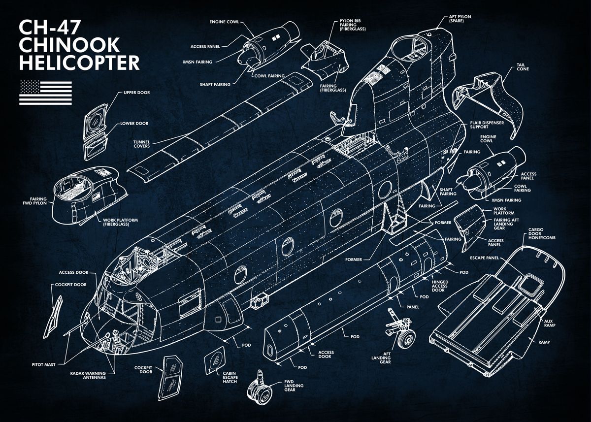 'CH47 CHINOOK DARK METAL' Poster, picture, metal print, paint by Atomic Chinook | Displate