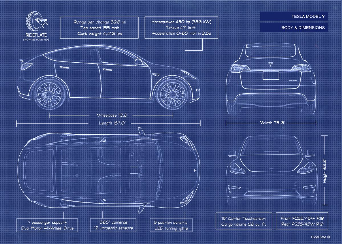 'Tesla Model Y Blueprint' Poster, picture, metal print, paint by Ride ...