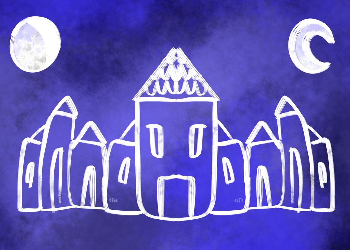 '2 Moon Town' Poster, picture, metal print, paint by Maya Mey Aroyo ...