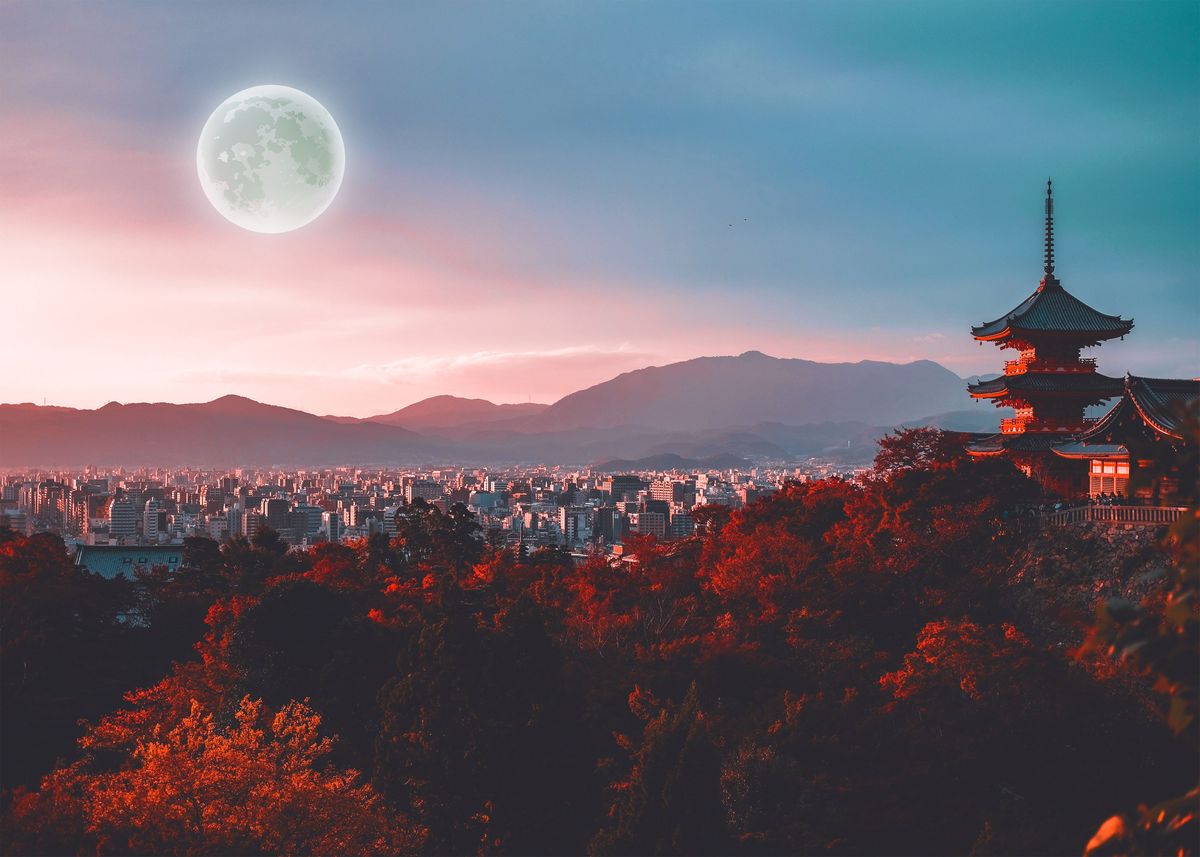 'Moon japan' Poster, picture, metal print, paint by Rijis Art | Displate