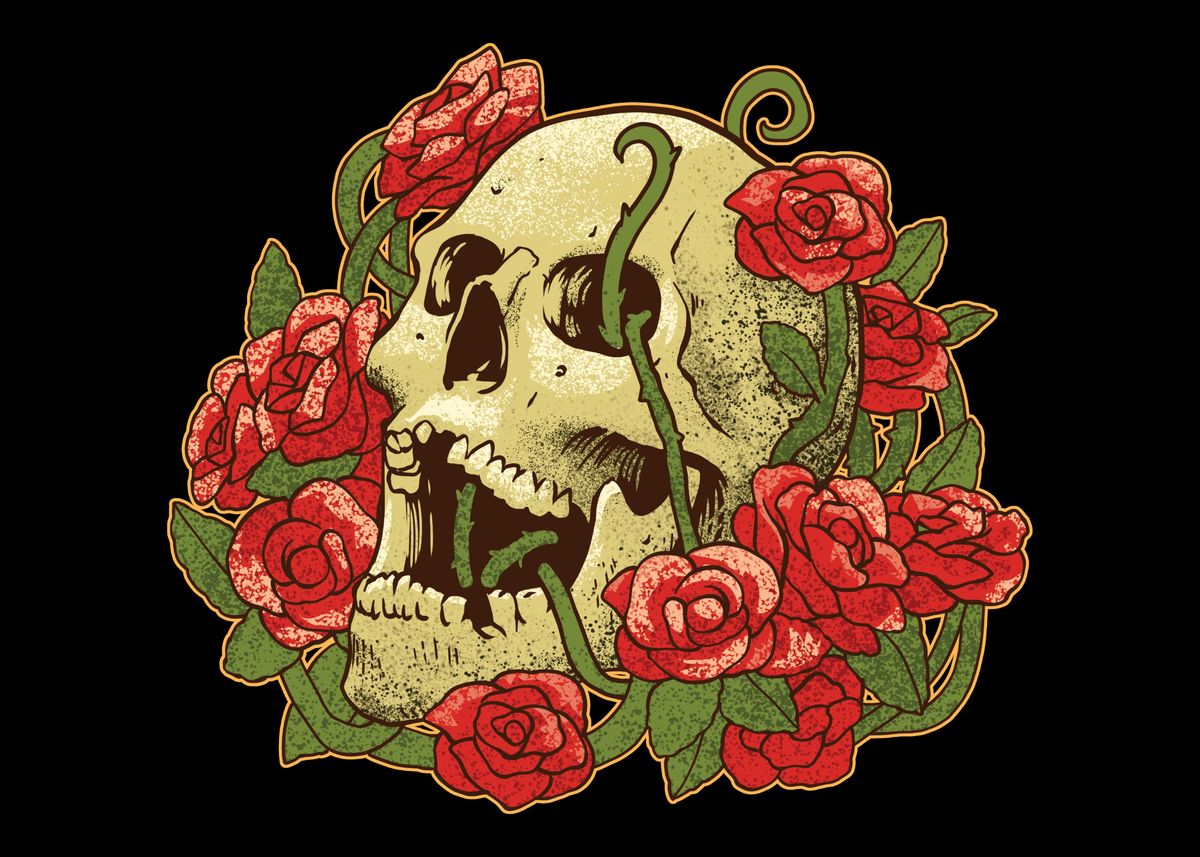 'Red Roses Skull Flower Ske' Poster, picture, metal print, paint by ...