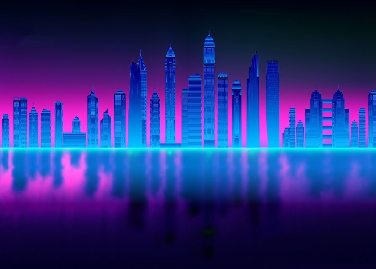 'Neon blue city' Poster, picture, metal print, paint by Designersen ...