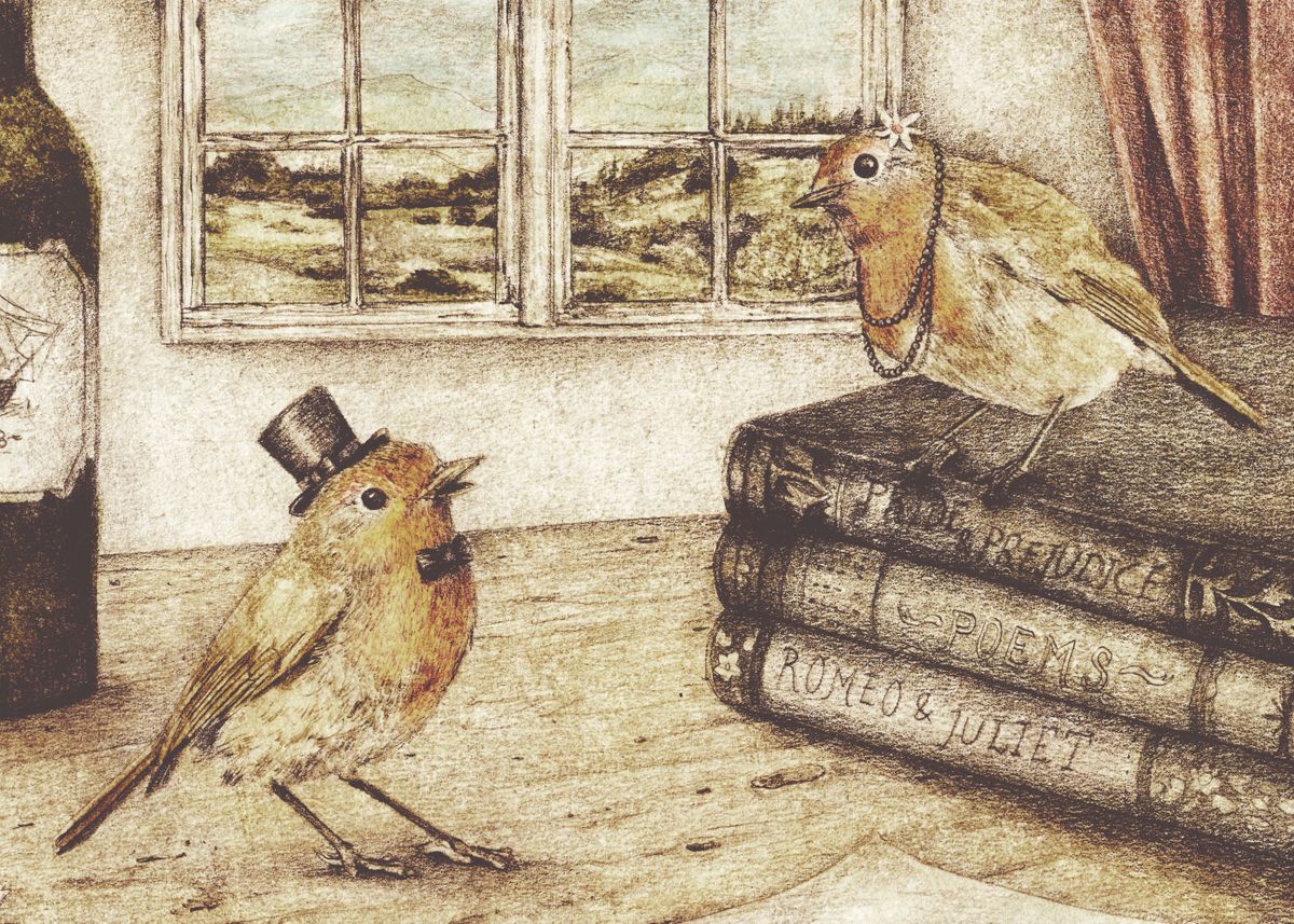 'Robin Love' Poster, picture, metal print, paint by Mike Koubou | Displate