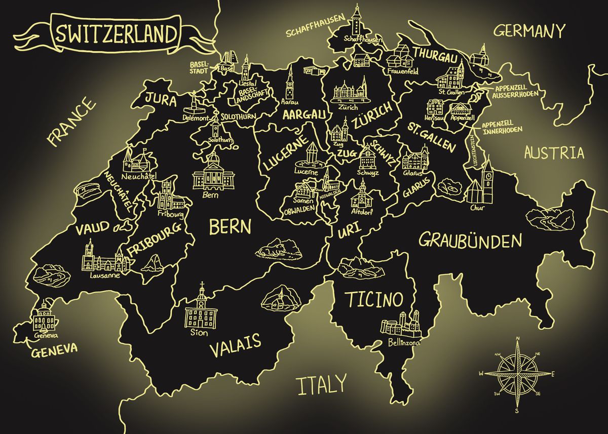 'Glowing Switzerland Map' Poster, picture, metal print, paint by ...