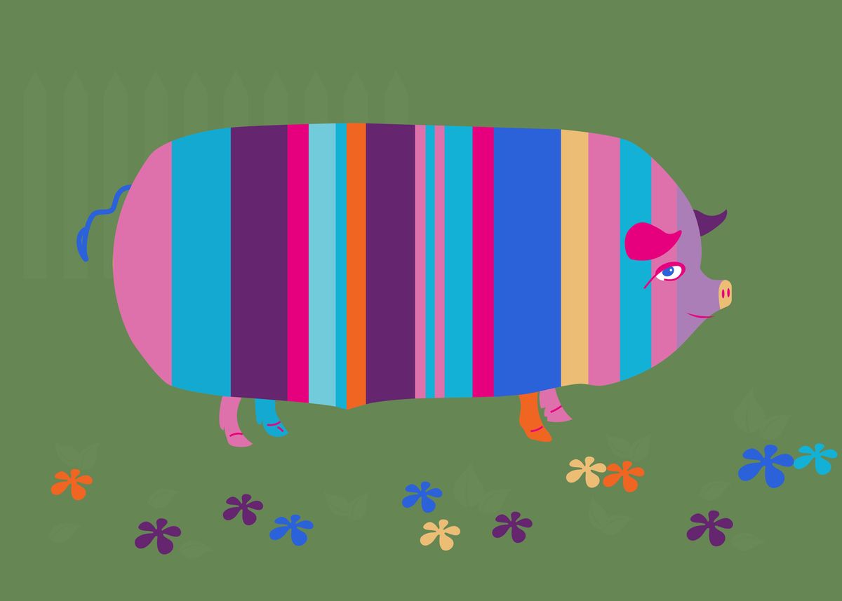 'Striped Pig Vintage 1970s' Poster by Anna Lemos | Displate