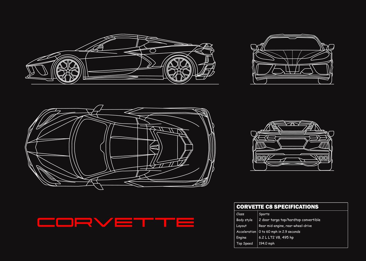 'Corvette C8 Blueprint' Poster, picture, metal print, paint by ...