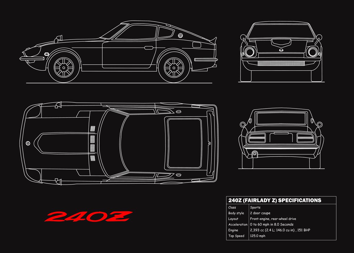 '240Z Blueprint' Poster, picture, metal print, paint by RogueDesign ...