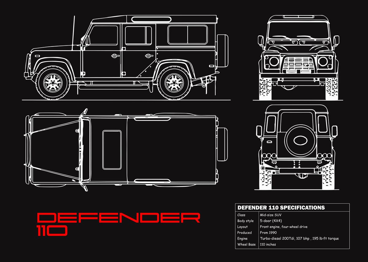 'Defender 110 Blueprint' Poster, picture, metal print, paint by ...