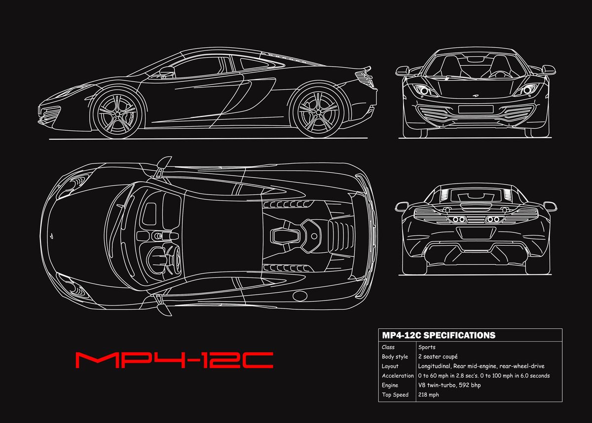 'The MP4 12C Blueprint' Poster, picture, metal print, paint by ...