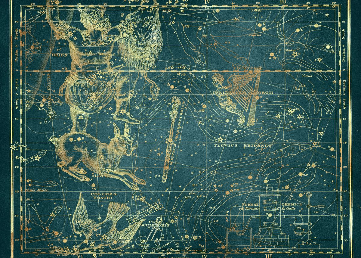 'Green Gold Star Map 05' Poster, picture, metal print, paint by Aloke ...