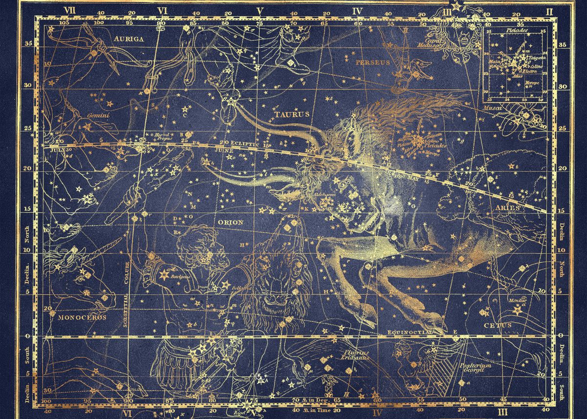 'Blue Gold Star Map 05' Poster, picture, metal print, paint by Aloke ...