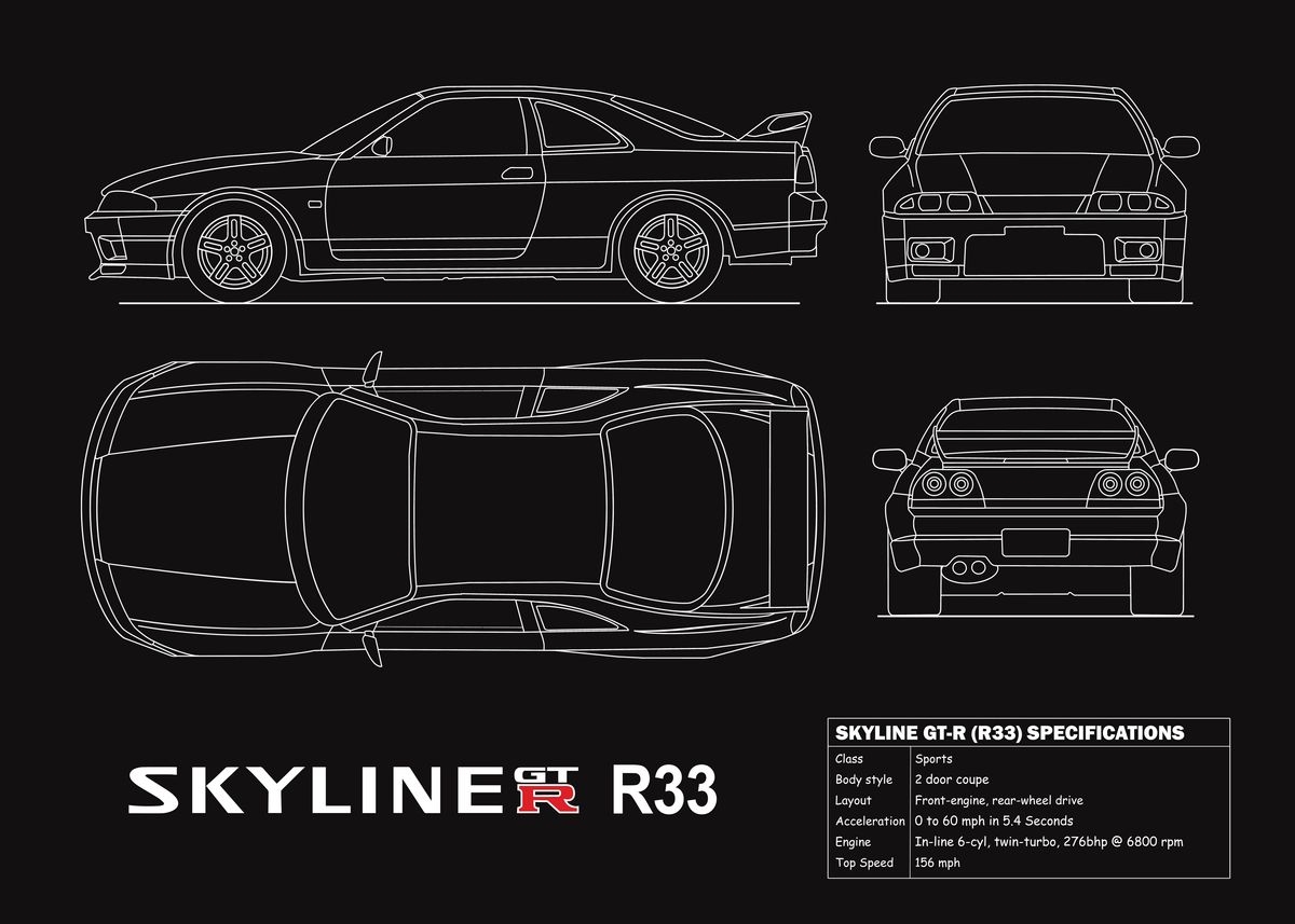 'Skyline R33 Blueprint' Poster, picture, metal print, paint by ...