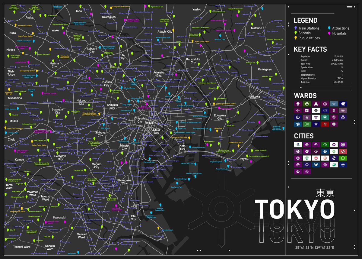 'Tokyo Map' Poster, picture, metal print, paint by Leo Hg | Displate