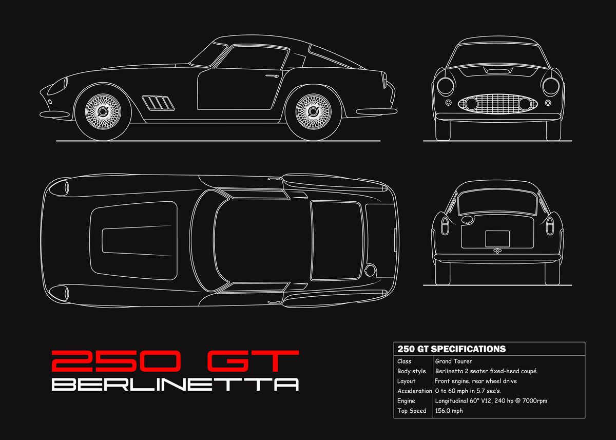 '250GT Berlinetta Blueprint' Poster, picture, metal print, paint by ...