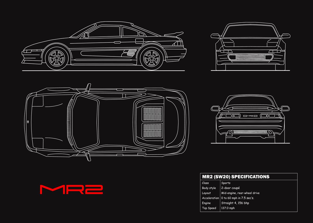'The MR2 Blueprint' Poster, picture, metal print, paint by RogueDesign ...
