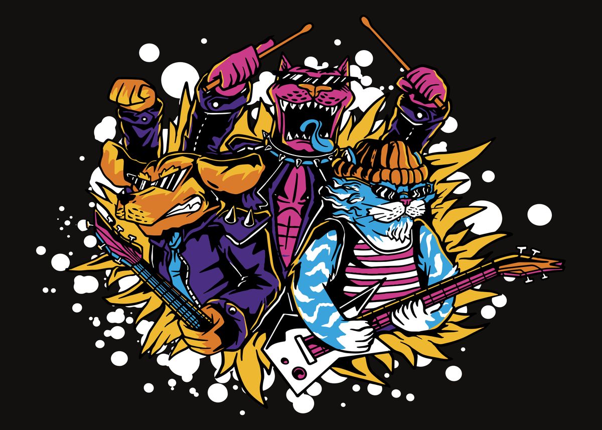 'Cats and dogs rock band' Poster, picture, metal print, paint by ...