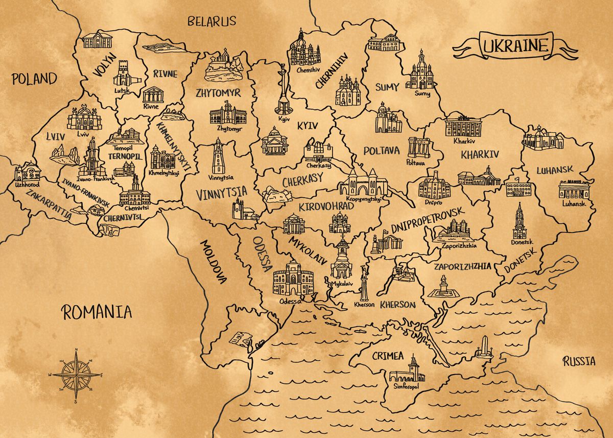 'Ukraine Vintage Brown Map' Poster, picture, metal print, paint by ...