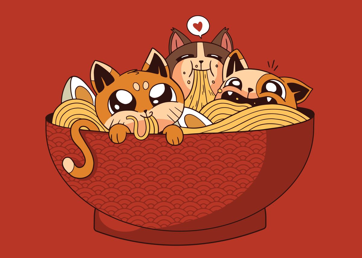 'Ramen cats ' Poster, picture, metal print, paint by Simon Darren ...