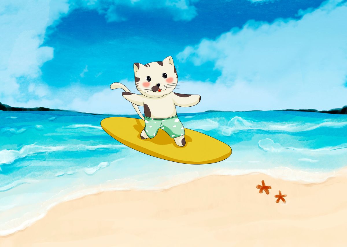 'Surf Cat at the Sea Beach' Poster, picture, metal print, paint by Max ...