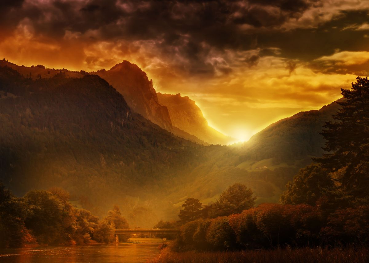 'Sunset on a valley' Poster, picture, metal print, paint by ...