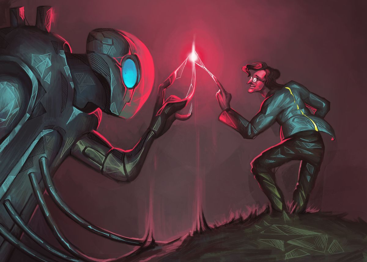 'Man Light and the Robot' Poster, picture, metal print, paint by Ruso Tsig | Displate