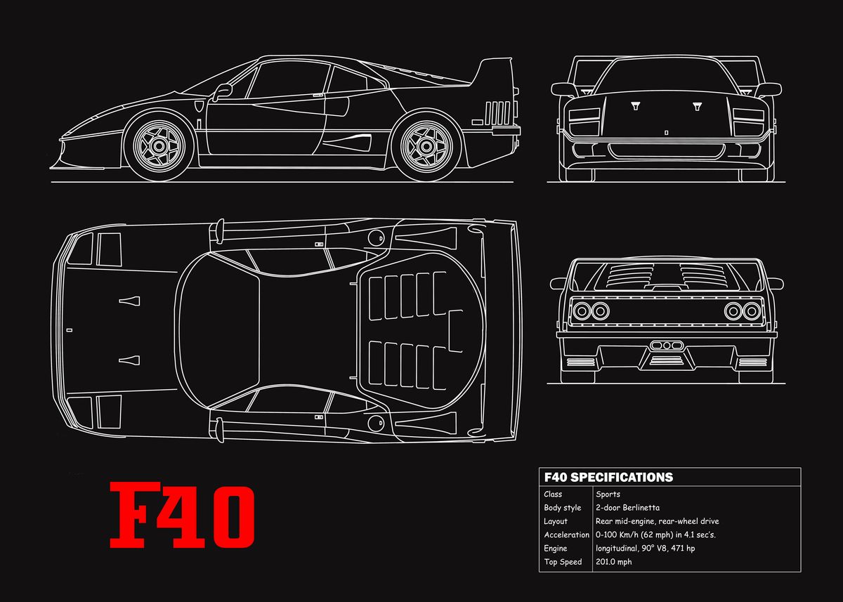 'The F40 Blueprint' Poster, picture, metal print, paint by RogueDesign ...